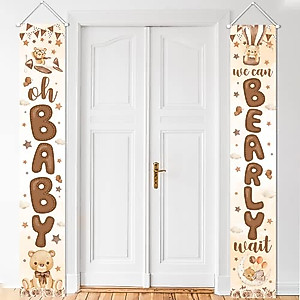 Bear Baby Shower Party Decoration-2 Pices We Can Bearly Wait Porch Sign Banner,Gender Reveal Banner Porch Sign for Welcome Baby Party,Gender Neutral Bear Photo Props Supplies Indoor Outdoor