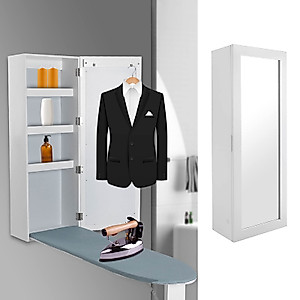Wall Mounted Ironing Board with Storage Cabinet, Built in Ironing Board & Folding Support Leg, Wall-Mounted Mirrors for Home, Apartment & Small Spaces
