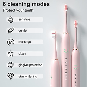 2 Pack Sonic Electric Toothbrush for Adults and Kids, Rechargeable Electric Toothbrushe with 8 Brush Heads, 6 Modes, 2 Minutes Smart Timer, 4 Hours Fast Charge for 45 Days(White-Black)