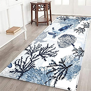 Coastal Beach Runner Rug for Hallway 2x6 Decorative Coral Sea Turtle Hallway Rugs Nautical Throw Rug Navy Blue Area Rug Non-Slip Floor Carpet for Bedroom Living Room Entrance Door Mat Washable Rug