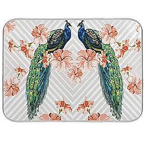 Animal Peacock Flower Floral Dish Drying Mat 24"x18" Absorbent Machine Washable Hanging Fast Dry Pad Dish Protective Mat for Kitchen Countertop Heat Resistant Dinner Table Mat