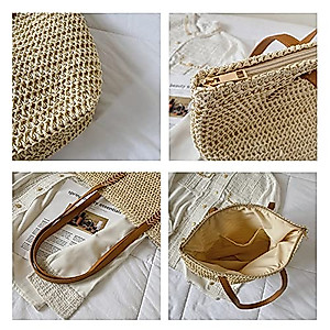 VODIU Women Straw Tote Woven Handbag Large Summer Beach Handmade Weaving Shoulder Bag Shopper Bohemia