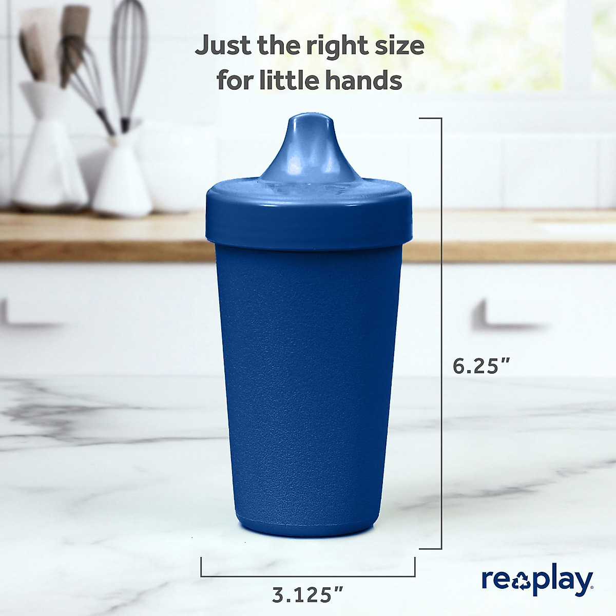 Re-Play Made in USA 10 Oz. Sippy Cups for Toddlers, Set of 3 - Reusable Spill Proof Cups for Kids, Dishwasher/Microwave Safe - Hard Spout Sippy Cups for Toddlers 3.13" x 6.25", A True Blue
