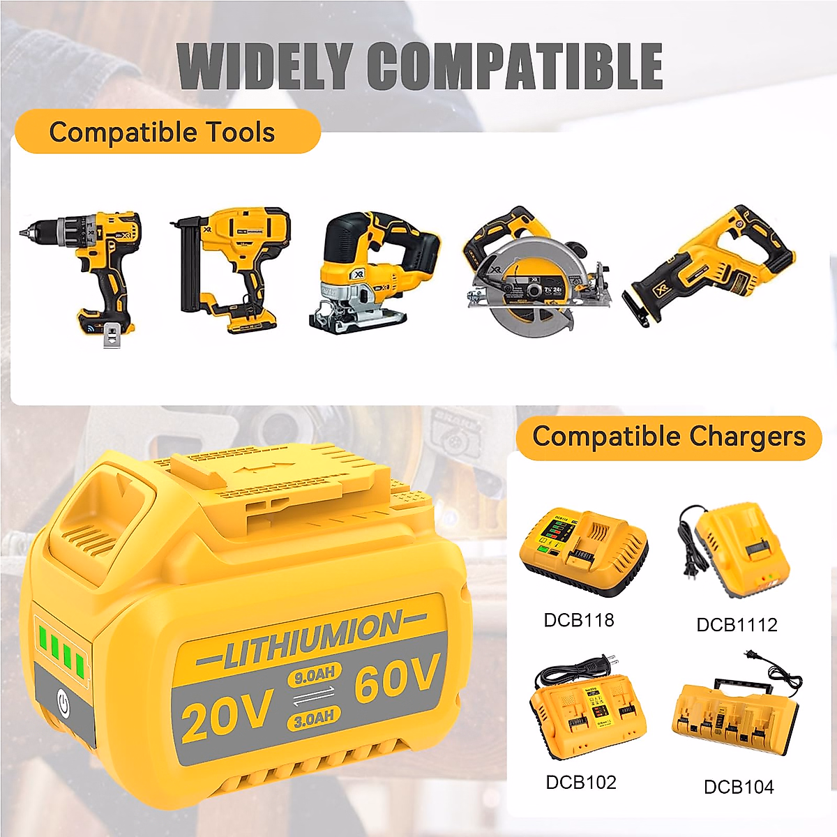 JUNWOOD 2Pack 9.0Ah Replacement for Dewalt 20V 60V Flexvolt Battery Compatible with DCB609 DCB606 DCB612 DCB200 DCB201 DCB203 DCB204 DCB206 DCB207 DCB209