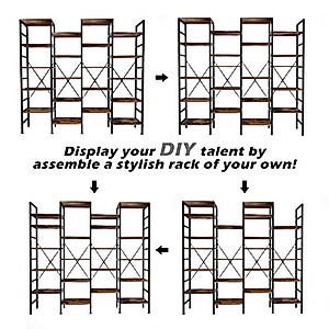 LAVIEVERT Quadruple Wide 5-Tier Bookcase Etagere Large Open Bookshelf Rustic Industrial Style Shelves with Metal Frame & Vintage Wood for Home & Office - Rustic Brown