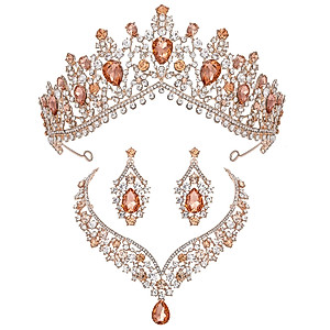 SWEETV Rose Gold Wedding Crown for Bride, 3-pack Tiara Earrings Necklace, Queen Crown Jewelry Set, Crystal Costume Party Birthday Prom Pageant Jewelry for Women,Genesis