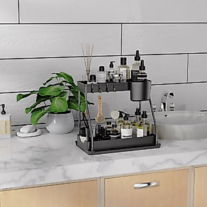 Santoy 2 Pack Under Sink Organizers and Storage, L-Shaped Pull-Out Sink Bathroom Kitchen Organizer with Hooks and Hanging Cup, 2 Tier Under Sink Cabinet Baskets Shelf with Sliding Drawers，Black