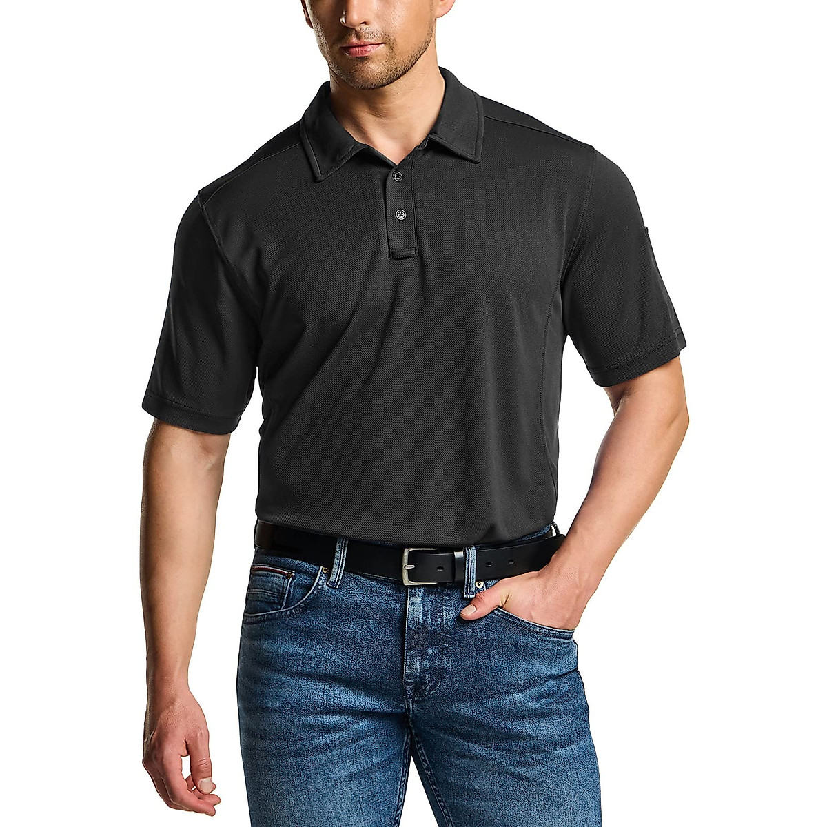 CQR Men's Polo Shirts, Tactical Short Sleeve Golf Performance Shirts, Lightweight Dry Fit UPF 50+ Pique, Frost Essential Black, Medium