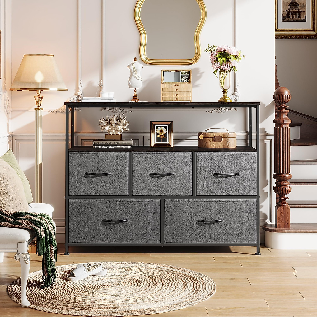 WLIVE Dresser TV Stand, Entertainment Center with Fabric Drawers, Media Console Table with Open Shelves for TV up to 45 inch, Storage Drawer Unit for Bedroom, Living Room, Entryway, Dark Grey