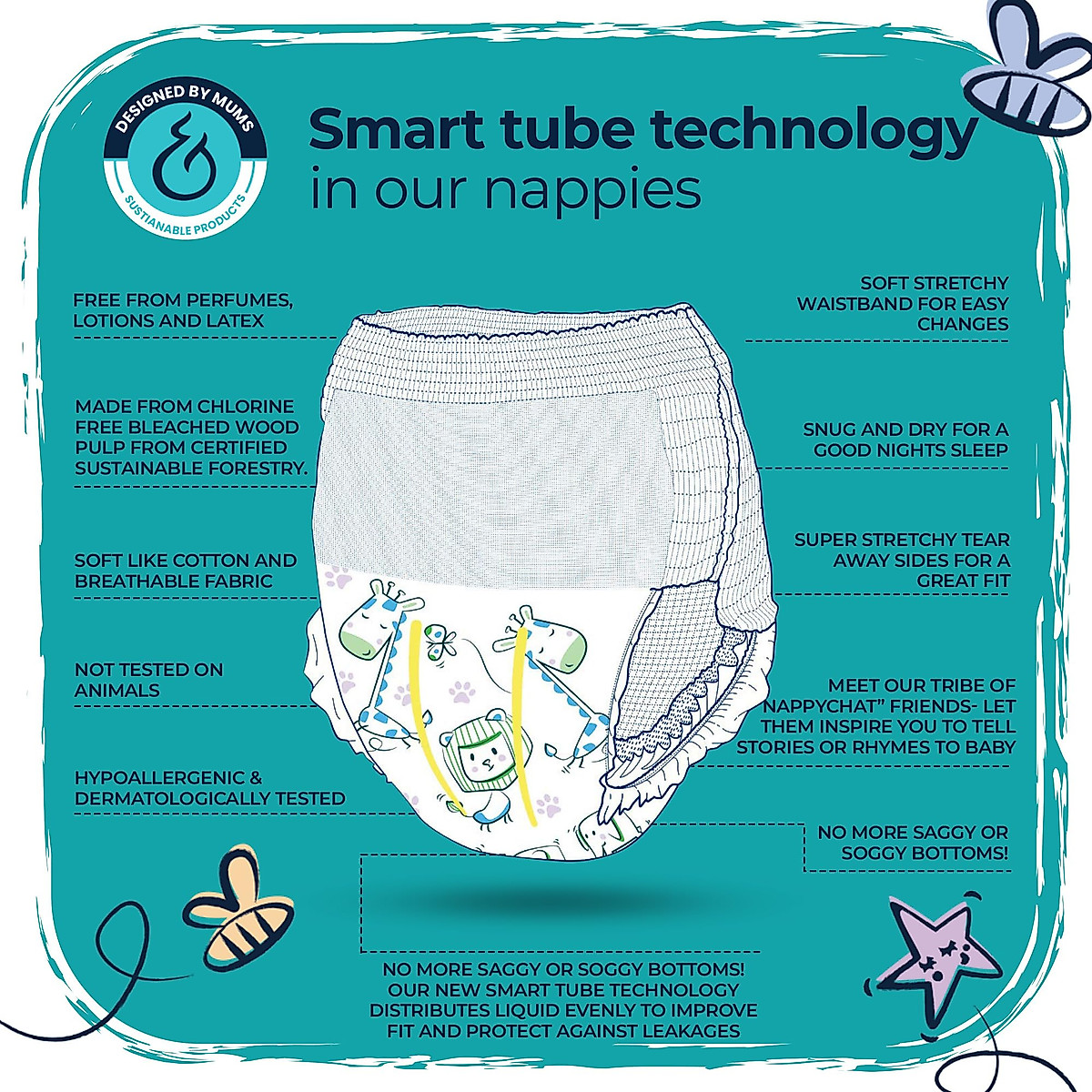 Mum & You Nappychat Premium Performance Eco Diapers, Size 5 (36 Diapers) Smart Tube Technology Leak Protection. 100% Recyclable. Hypoallergenic, Dermatologically-Tested. No Lotion, Perfume or Dyes.