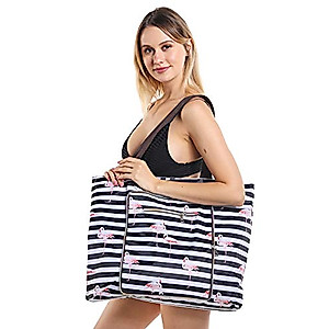 Women Beach Tote Utility Bag with Zipper, Black Stripe Foldable Cute Large Swim pool Waterproof Bag for Travel, Gym, yoga, Mom in Law Female Friend Sister Wife Girlfriend Good Gift