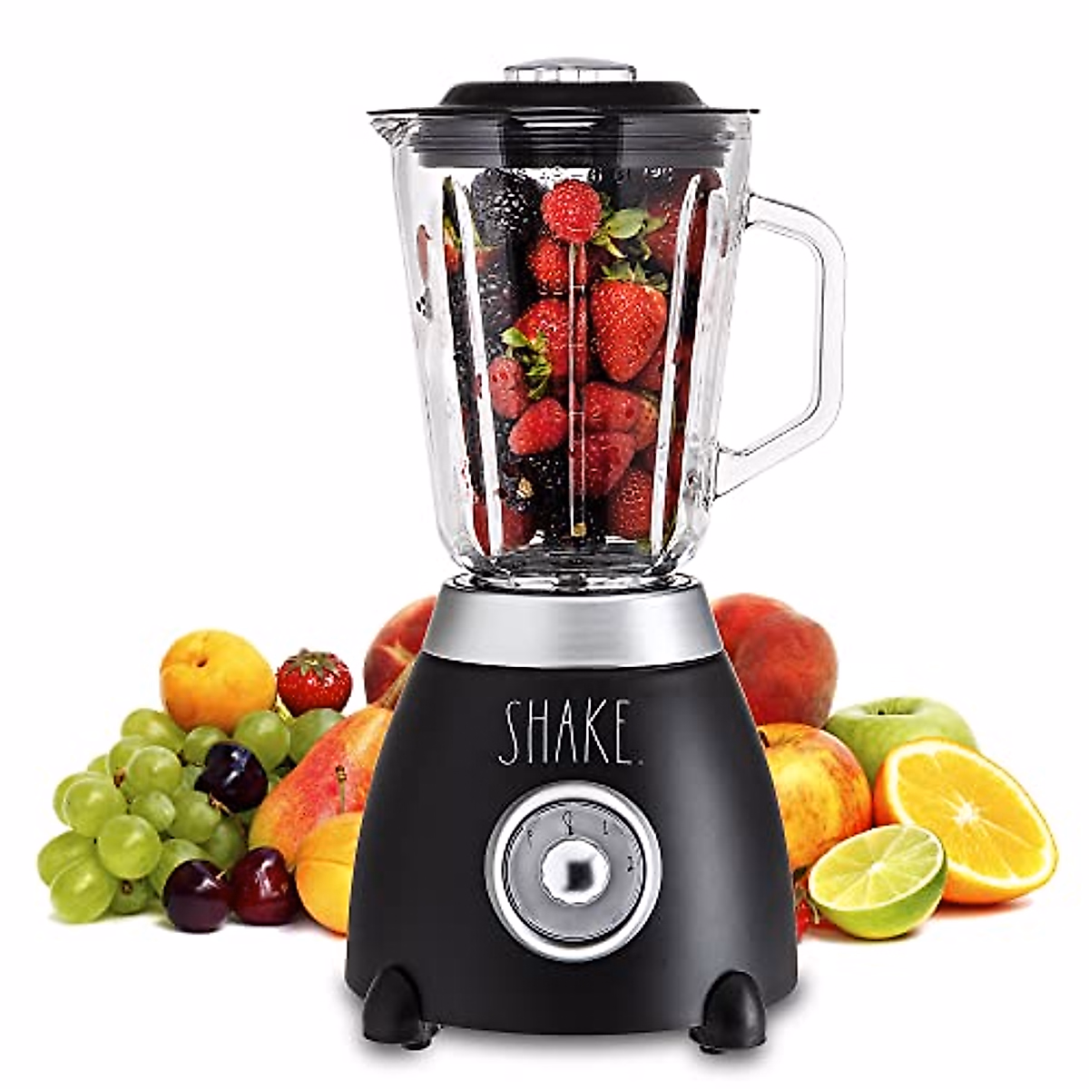 Rae Dunn Table and Countertop Blender- 2 Speed Blender with 1.5 L Glass Container and Lid, 500 W Shake and Smoothie Maker, Juice Blender with 6 Blades (Black)