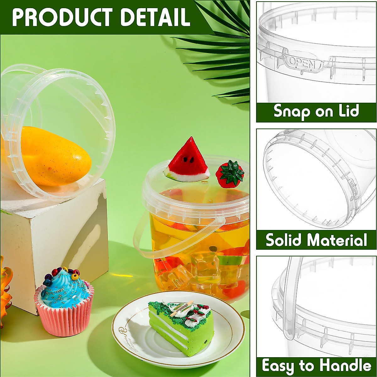 Mifoci 50 Pcs 32oz Food Clear Bucket Plastic Gallon Bucket Round Reusable Ice Cream Containers with Lids and Handles Airtight Clear Plastic Tub Freezer Reusable Pail for Kitchen Drinks Home(32oz)