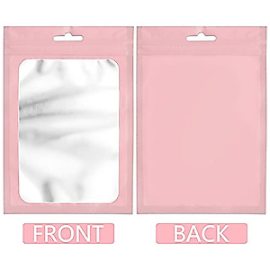 100 Pieces Resealable Mylar Bags with Ziplock and Clear Window Bags Packaging Bags Foil Pouch Ziplock Bags for Food Self Sealing Storage Supplies (Pink, 4.72x7.1 inches)