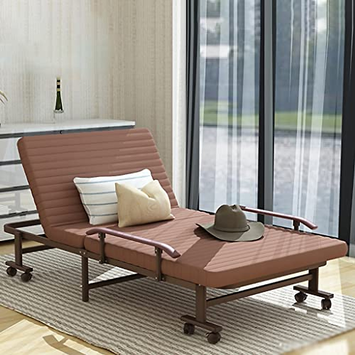 SHENXINCI Double Folding Be,with Mattress Portable Foldable Guest Beds Rollaway Beds for Adults with Luxurious Memory,5 Inch Foam Mattress and Super Sturdy Frame, 4 Size/Brown