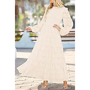 MITILLY Women's Elegant Floral Long Sleeve Round Neck Smocked A-Line Flowy Tiered Maxi Dress with Pockets Medium Apricot