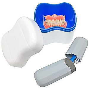 Denture Case Kit, 2 Denture Bath Cups with 2 Denture Brush & 2 Portable Toothbrush Box, Denture Brush Retainer Bath with Lid, Retainer Cleaning Denture Boxes, Toothbrush Kit for Travel