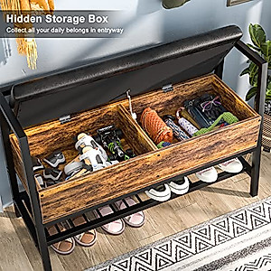 Homieasy Storage Shoe Bench with Padded Seat, Entryway Bench with Lift Top Storage Box, Industrial Shoe Rack Bench PU Leather Cushion Holds Up to 250 LB for Entryway Bedroom Hallway, Rustic Brown