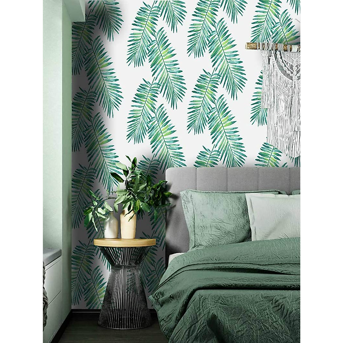 HOYOYO Tropical Shrub Leaves Self-Adhesive Liner Paper, White, greens Tropical Shrub Leaves Removable Peel and Stick Dresser Cabinets Furniture Table Desk Home Decor 17.8 x 118 inch