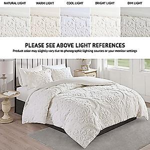 Madison Park Tufted Chenille 100% Cotton Duvet- Modern Luxe All Season Comforter Cover Bed Set with Matching Shams, King/Cal King(104"x92"), Damask Off White 3 Piece