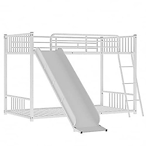 Tidyard Metal Bunk Bed with Slide, Twin Over Twin, White for Bedroom Dorm Guest Room Home Furniture