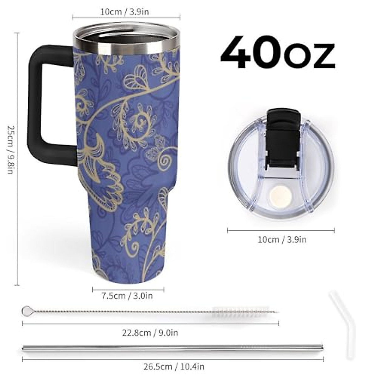 Romantic Flora Leaves Ornate Petals 40oz Water Bottle Double Wall Insulated Tumbler with Handle Leakproof Travel Mug Black-style