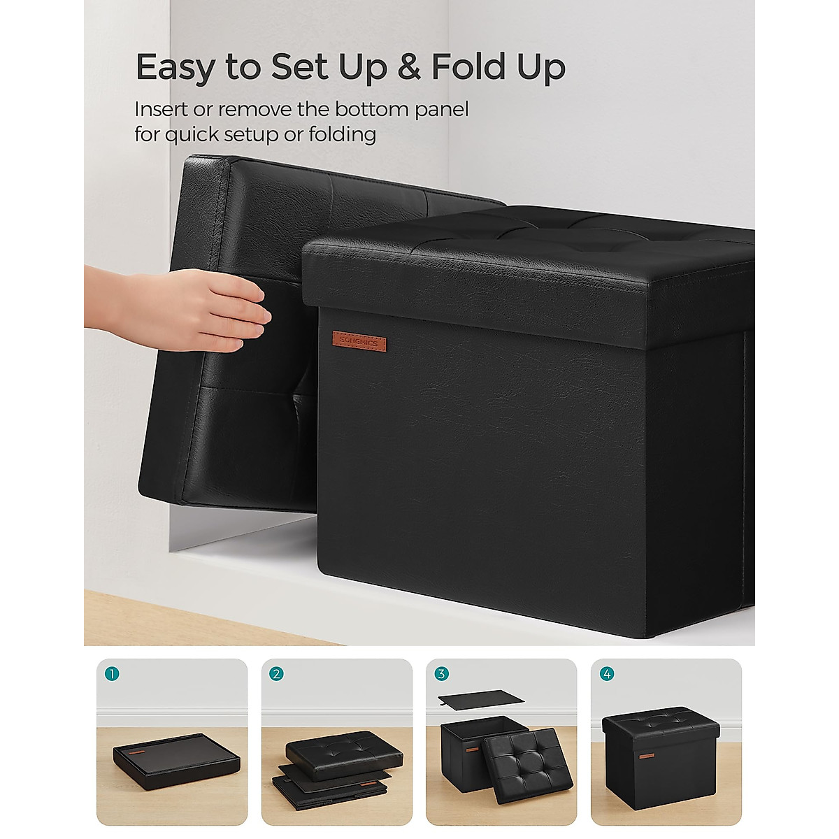 SONGMICS Small Folding Storage Ottoman, Set of 2, Foot Rest Stool, Cube Footrest, Synthetic Leather, 12.2 x 16.1 x 12.2 Inches, 286 lb Capacity, Living Room, Bedroom, Dorm, Ink Black ULSF100B21