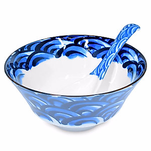 Japanese Mino Yaki(Ware) Ceramic Ramen Bowl and Ramen Spoon Set - Wave Navy, 33.8 fl oz, Japanese Donburi, Noodle, Soup Bowl, Microwave & Dishwasher Safe, Home Kitchen & Restaurant, Japanese Gifts