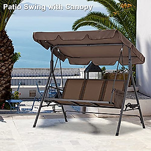 HABUTWAY Outdoor Patio Canopy Swing Chair,Porch Swing with Stand 3 Person,Heavy Duty Outdoor Swings for Deck,Backyard,Poolside,Textilene Fabric,Steel Frame,Storage Pocket,Utility Tray (Brown)
