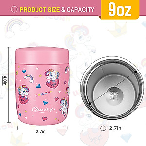 Charcy 9oz Stainless Steel Vacuum Insulated Kids Food Jar - Soup Thermo for Hot & Cold Food - Magenta Unicorn
