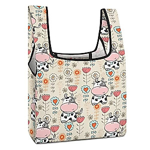 Cow Pattern Printed Reusable Grocery Bag with Handle Foldable Shopping Tote Bags Portable for Supermarket Camping