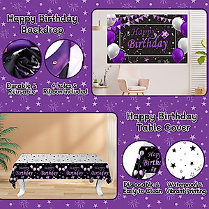 Black Purple Birthday Decorations for Women Girls Men, Purple and Silver Party Decorations Happy Birthday Backdrop Banner Confetti Star Silver Black Purple Balloons Arch Tablecloth Party Supplies