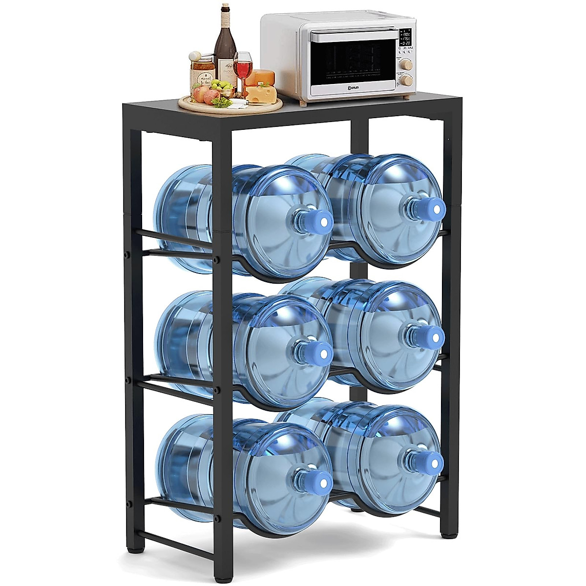 Semoprus 5 Gallon Water Bottle Holder for 6 Bottles, 3 Tiers Heavy-Duty Water Cooler Jug Rack with Reinforcement Frame for Home, Office, Restaurant, Black