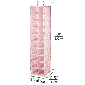 mDesign Soft Fabric Over Closet Rod Hanging Storage Organizer with 20 Shelves for Baby Room or Nursery - Tiered Hanging Organizers - Polka Dot Print - Pink/White