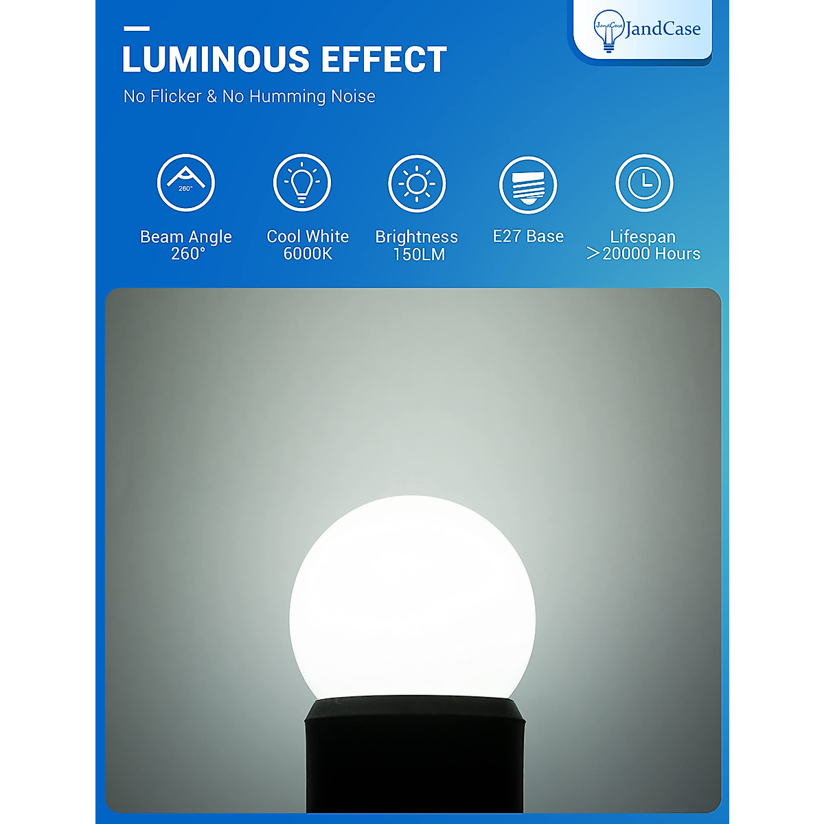 JandCase G40 Light Bulbs Replacement, Low Watt Light Bulbs, 15 Watt Light Bulbs Equivalent E26 Base, Non-dim, 1W 6000K LED Small Light Bulbs for Bathroom Vanity Porch Outdoor String Light Bulbs,6 Pack