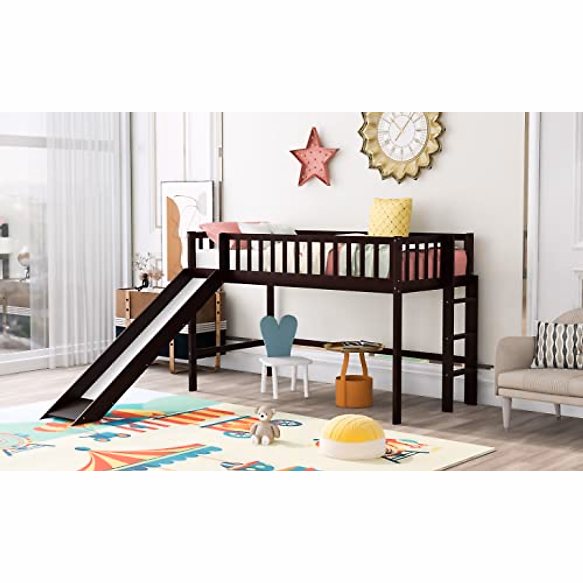 Twin Loft Bed with Slide Rails Frame Wood for Junior Kids Slat Support, No Box Spring Needed
