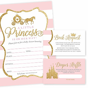 25 Little Princess Baby Shower Invitations, 25 Books For Baby Shower Request Cards, 25 Baby Shower Diaper Raffle Tickets For Baby Shower Girl, Cute Pink & Gold Write in Diaper Raffle Cards