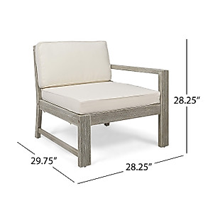GDFStudio Outdoor 3 Seater Acacia Wood Sofa Sectional with Cushions (Wire Brushed Light Gray Wash, Cream)