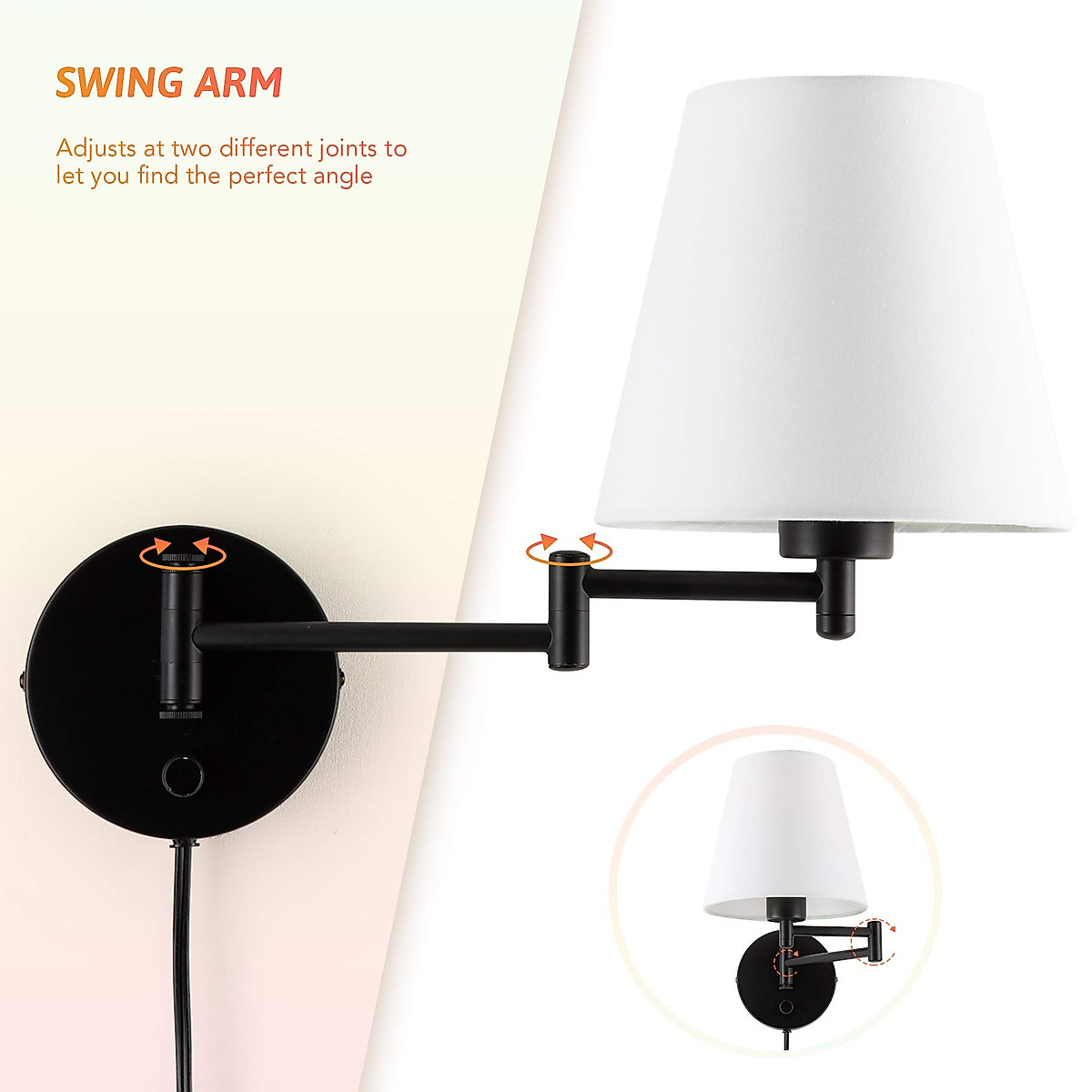 VONLUCE Modern Swing Arm Wall Mount Light Plug in, Corded Wall Lamps with White Fabric Shade, Black Metal Adjustable Wall Sconce, Wall Mount Lamp for Bedroom, Living Room, Bedside