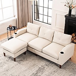 Dolonm L-Shape Modern Sofa, Sectional Couch with Built-in USB Port and Convenient Cup Holder, 3-Seater Sofa with Storage Ottoman, Couch for Living Room, Office, Apartment, Beige