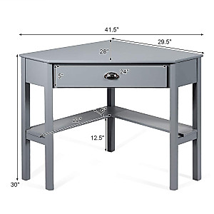 LDAILY Small Corner Desk, Triangle Makeup Vanity Desk for Small Space, Compact Writing Desk with Storage Shelves & Drawer, Space Saving Corner Computer Desk for Bedroom, Home Office