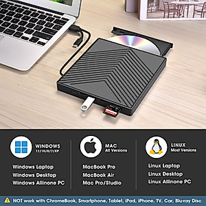 ROOFULL External CD DVD Drive, USB 3.0 & USB-C CD/DVD Burner Player with 4*USB Ports and 2*SD/TF Card Reader, Portable CD/DVD-ROM +/-RW Disk Drive Adapter for Laptop PC Mac Windows 11/10/8/7 Linux