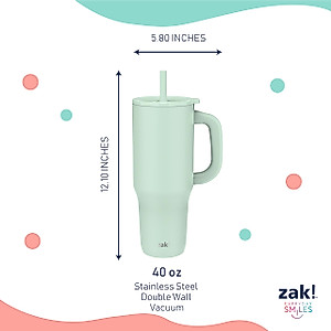 Zak Designs Sutton Travel Tumbler for On the Go, 40oz Stainless Steel with Vacuum Insulation, Silicone Straw, and Carry Handle for Cold Drinks (Icicle Mint Green)