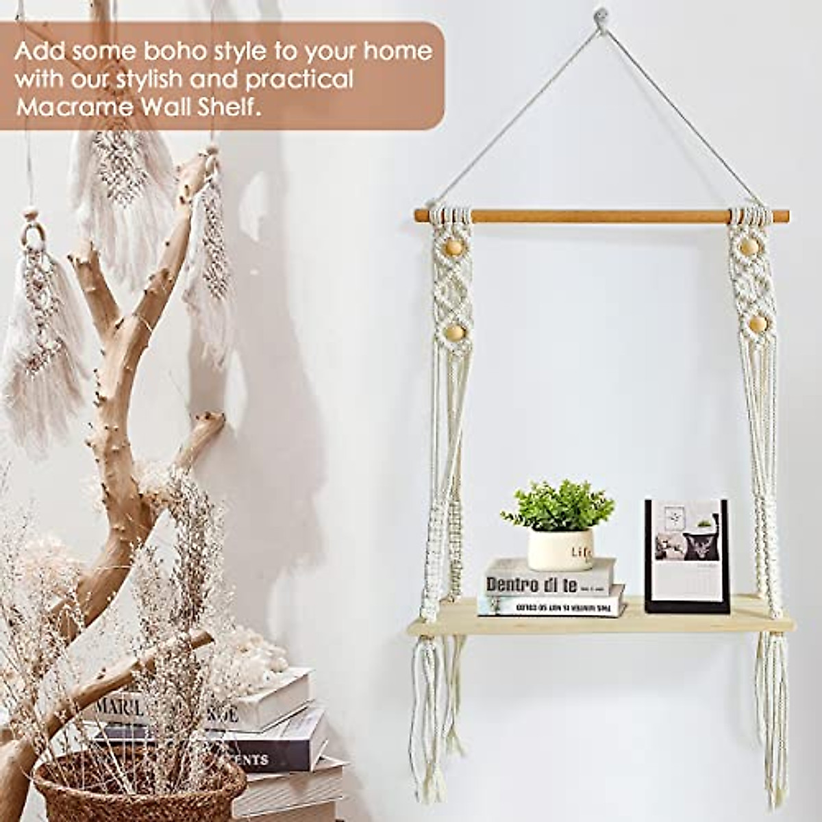 Axgo Macrame Hanging Shelves, Handmade Bohemian Woven Hanging Shelves Macrame Wall Hanging Shelf 16" x 6" Boho Wall Decor for Books Photos Collectibles Small Plants Perfumes