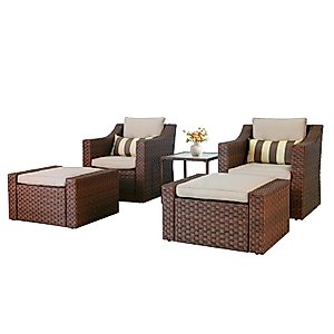 Brightpeak 5 Piece Patio Conversation Set, Outdoor Furniture Set, Brown Wicker Lounge Chair with Ottoman Footrest, W/Coffee Table & Beige Cushions for Garden, Patio, Balcony, Deck