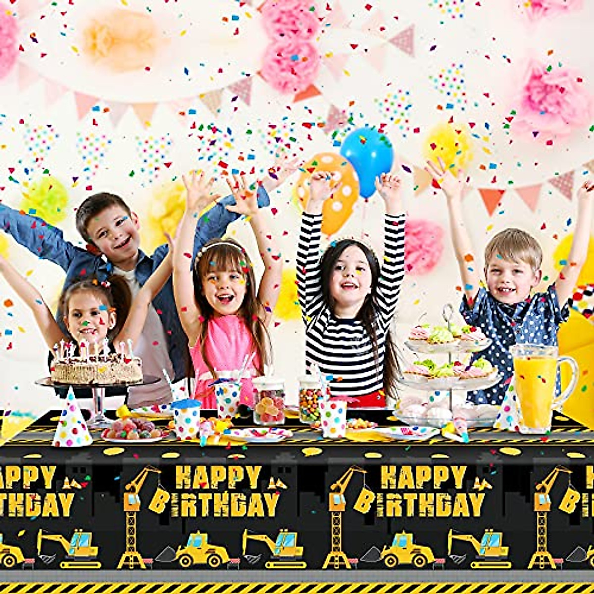 Construction Happy Birthday Tablecloth Dump Truck Birthday Table Covers Tractor Plastic Printed Tablecloth Construction Themed Birthday Party Decoration Supplies for Kid Boy (Black, 3 Sheets)