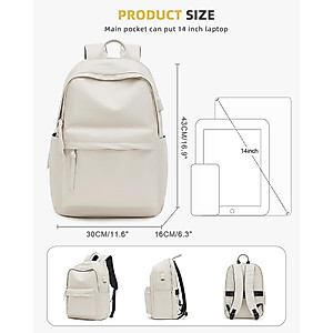 VECAVE Lightweight Backpack for Women Men,Travel Casual Daypack Laptop Rucksack, Waterproof College High Secondary Bookbag PU Leather Computer Laptop Bag Beige