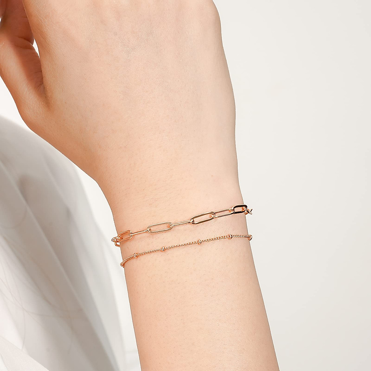 14K Rose Gold Plated Dainty Bracelet Layered Fashion Paperclip Link Bracelets for Women Girls Men(Rose Gold)