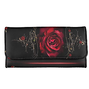 Howilath Red Rose Flower Pattern Women Trifold Wallet Large Capacity Credit Card Holder Organizer Clutch Purse Travel Money Bags
