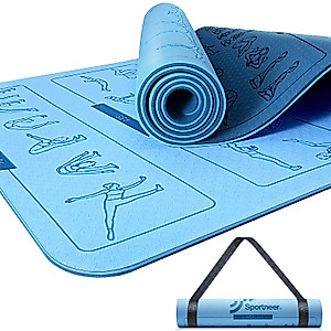 Yoga Mat with Poses, Sportneer Yoga Mats for Women & Men, Non Slip Double-Sided for Exercise Home Workout Mat - 24" Wide x 72" Long x 1/4" Thick - Exercise Mat Yoga Mat with Strap Home Gym